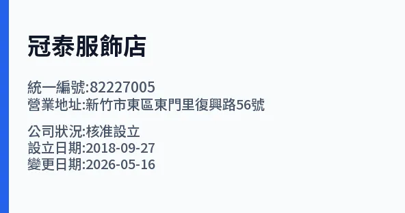 冠泰服飾店的照片-統編 82227005(新竹市) 公司登記資料與營業項目詳細圖表