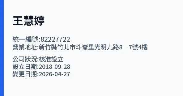 王慧婷的照片-統編 82227722(新竹縣) 公司登記資料與營業項目詳細圖表