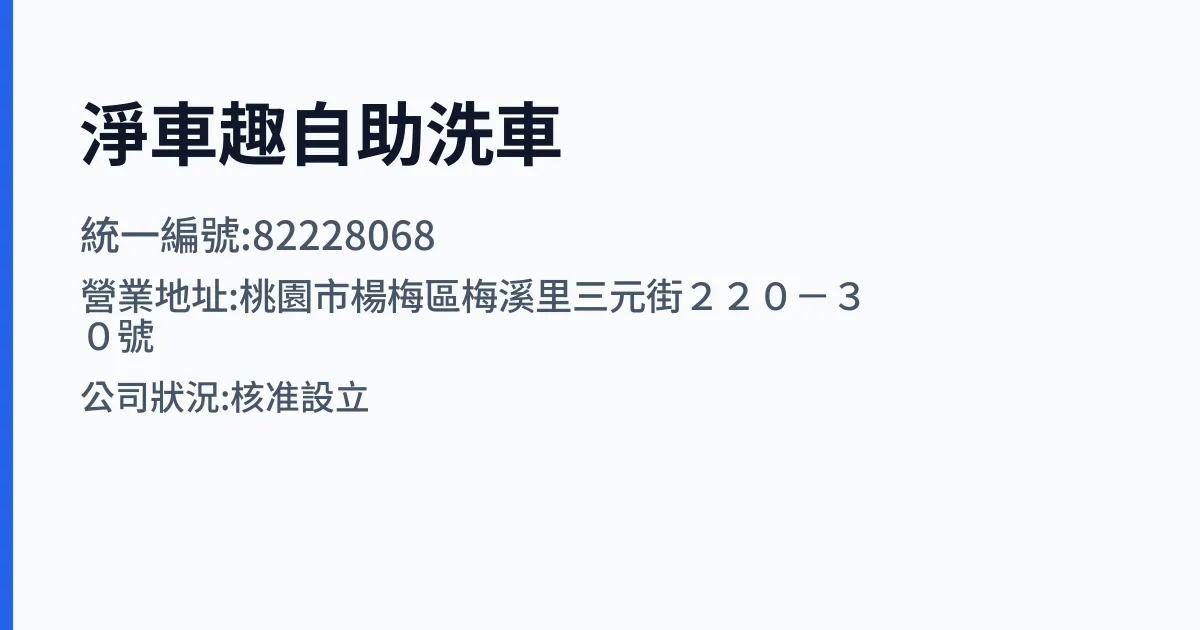 淨車趣自助洗車 - 統編 82228068(桃園市) 公司登記資料與營業項目詳細圖表