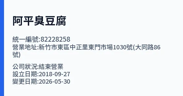 阿平臭豆腐的照片-統編 82228258(新竹市) 公司登記資料與營業項目詳細圖表