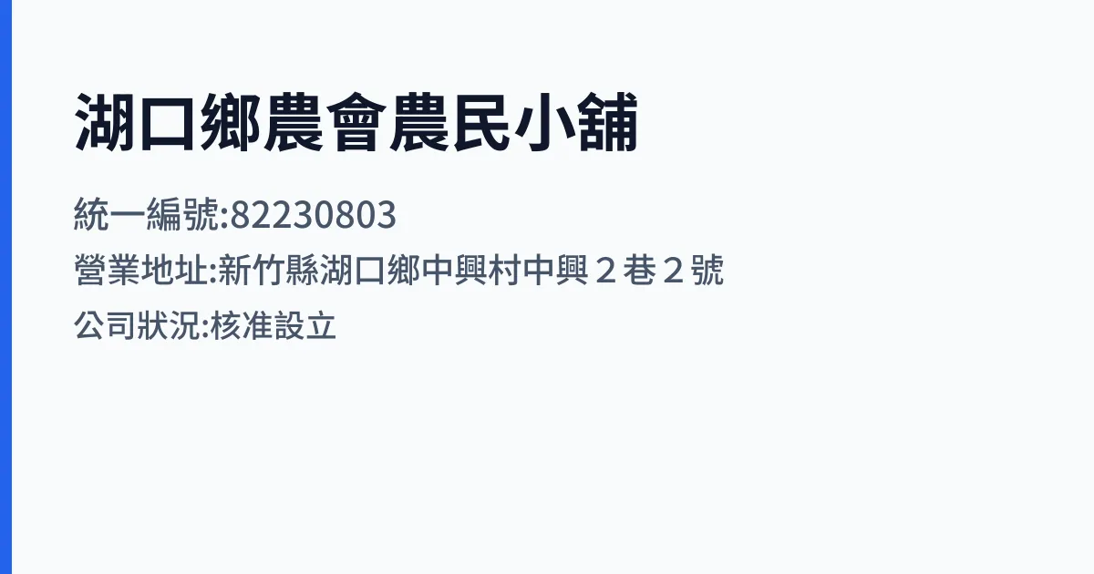 湖口鄉農會農民小舖 - 統編 82230803(新竹縣) 公司登記資料與營業項目詳細圖表