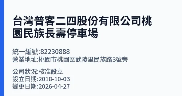 台灣普客二四股份有限公司桃園民族長壽停車場的照片-統編 82230888(桃園市) 公司登記資料與營業項目詳細圖表