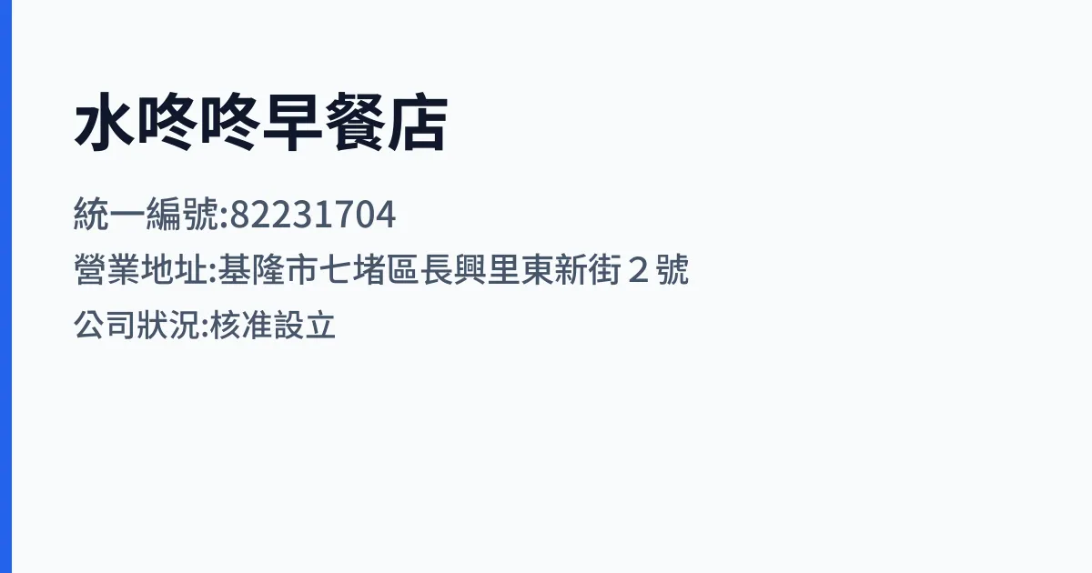 水咚咚早餐店 - 統編 82231704(基隆市) 公司登記資料與營業項目詳細圖表
