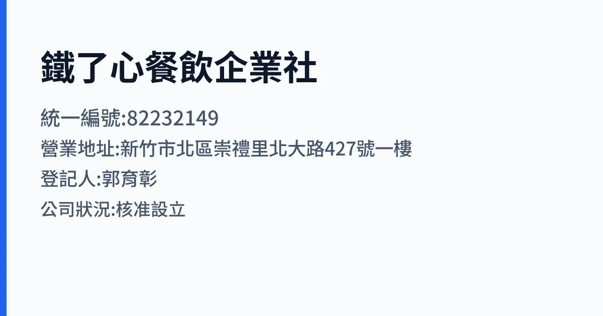 鐵了心餐飲企業社 - 統編 82232149(新竹市) 公司登記資料與營業項目詳細圖表