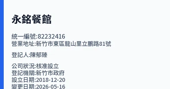 永銘餐館的照片-統編 82232416(新竹市) 公司登記資料與營業項目詳細圖表