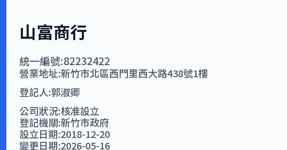 山富商行的照片-統編 82232422(新竹市) 公司登記資料與營業項目詳細圖表