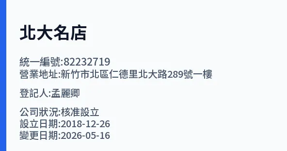 北大名店的照片-統編 82232719(新竹市) 公司登記資料與營業項目詳細圖表