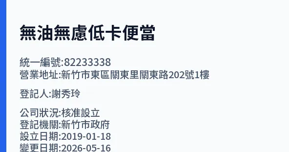無油無慮低卡便當的照片-統編 82233338(新竹市) 公司登記資料與營業項目詳細圖表