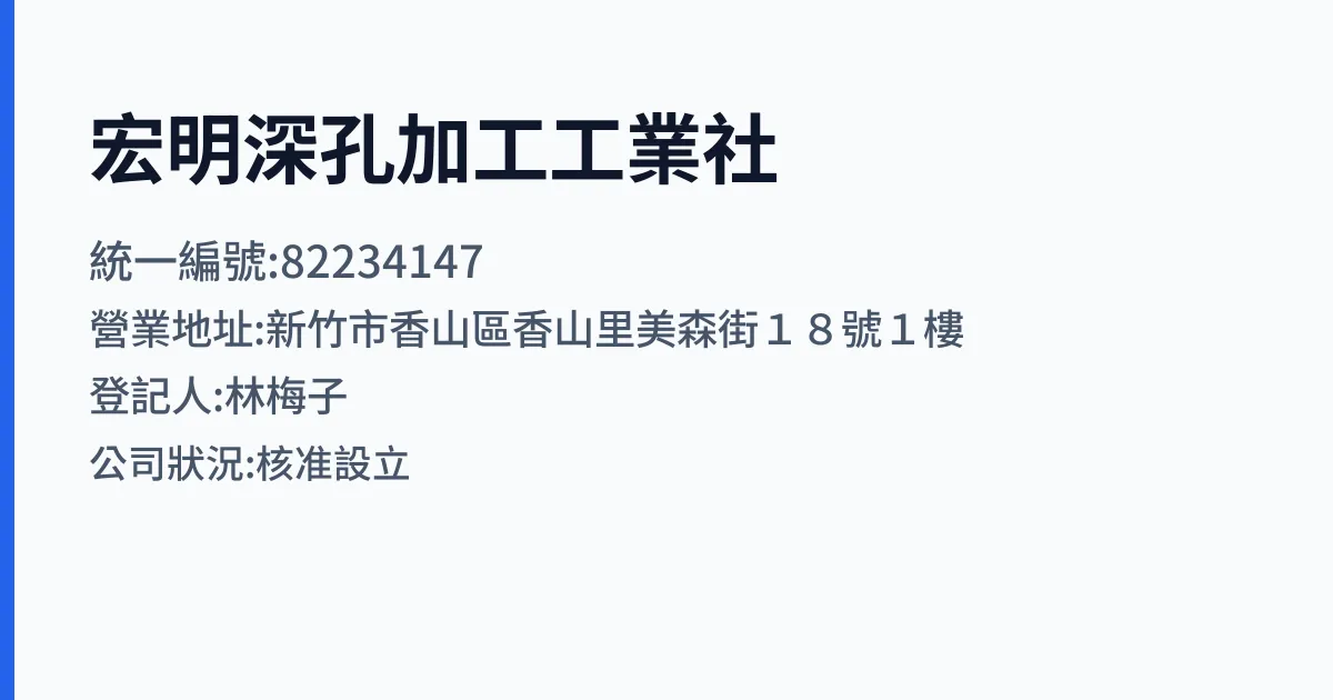 宏明深孔加工工業社 - 統編 82234147(新竹市) 公司登記資料與營業項目詳細圖表