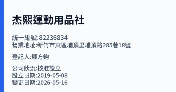 杰熙運動用品社的照片-統編 82236834(新竹市) 公司登記資料與營業項目詳細圖表