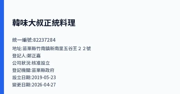 韓味大叔正統料理的照片-統編 82237284(苗栗縣) 公司登記資料與營業項目詳細圖表