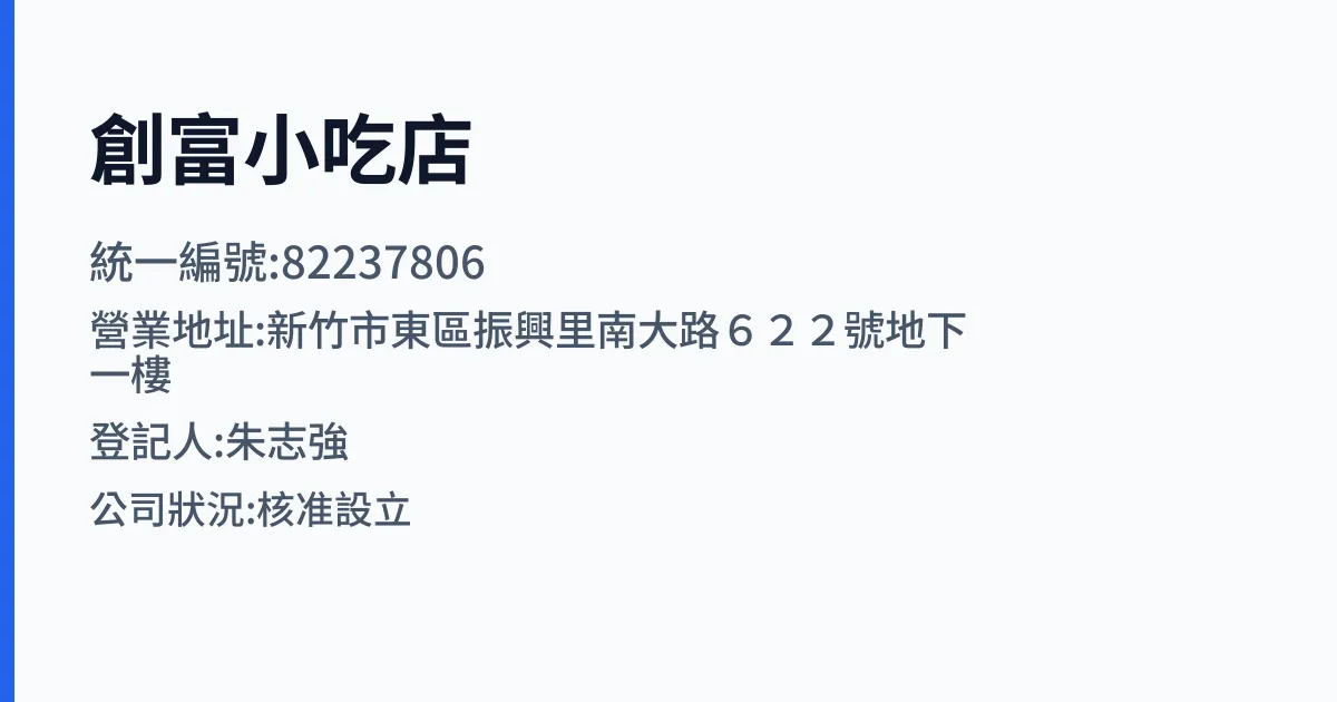 創富小吃店 - 統編 82237806(新竹市) 公司登記資料與營業項目詳細圖表