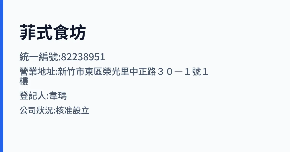 菲式食坊 - 統編 82238951(新竹市) 公司登記資料與營業項目詳細圖表
