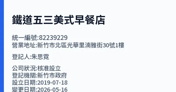 鐵道五三美式早餐店的照片-統編 82239229(新竹市) 公司登記資料與營業項目詳細圖表