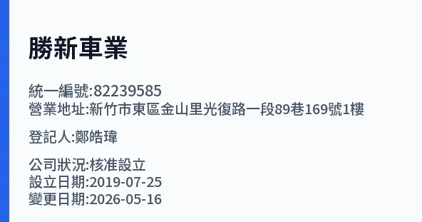 勝新車業的照片-統編 82239585(新竹市) 公司登記資料與營業項目詳細圖表