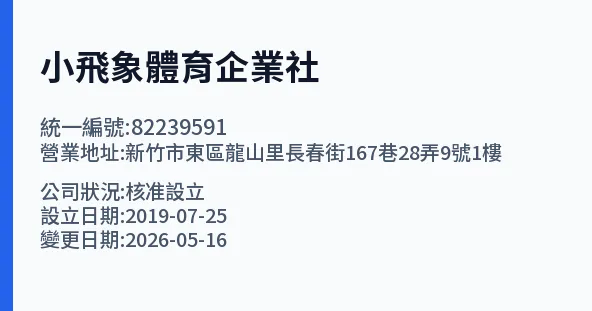 小飛象體育企業社的照片-統編 82239591(新竹市) 公司登記資料與營業項目詳細圖表