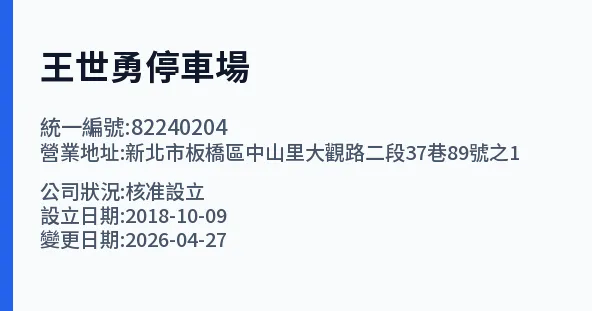 王世勇停車場的照片-統編 82240204(新北市) 公司登記資料與營業項目詳細圖表