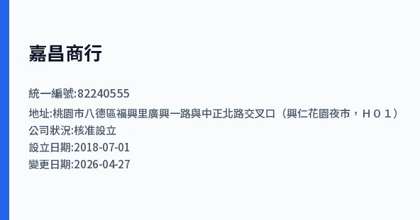 嘉昌商行的照片-統編 82240555(桃園市) 公司登記資料與營業項目詳細圖表