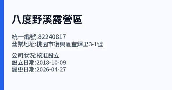 八度野溪露營區的照片-統編 82240817(桃園市) 公司登記資料與營業項目詳細圖表