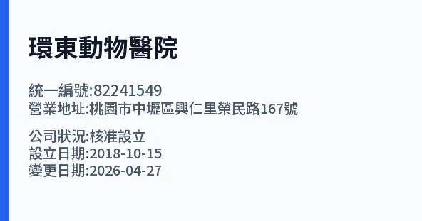環東動物醫院的照片-統編 82241549(桃園市) 公司登記資料與營業項目詳細圖表