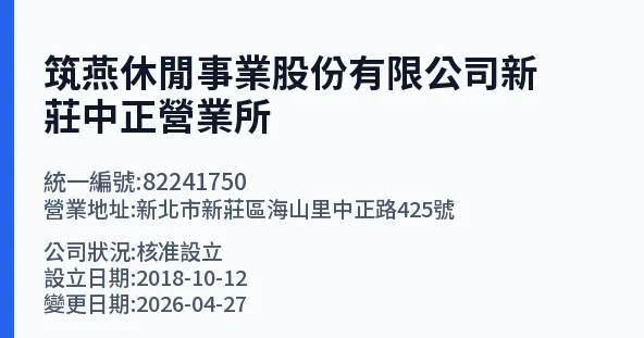 筑燕休閒事業股份有限公司新莊中正營業所的照片-統編 82241750(新北市) 公司登記資料與營業項目詳細圖表