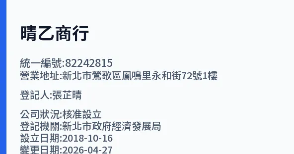 晴乙商行的照片-統編 82242815(新北市) 公司登記資料與營業項目詳細圖表