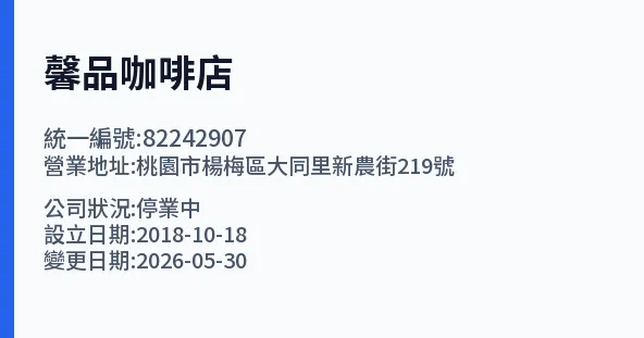 馨品咖啡店的照片-統編 82242907(桃園市) 公司登記資料與營業項目詳細圖表