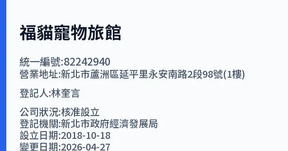 福貓寵物旅館的照片-統編 82242940(新北市) 公司登記資料與營業項目詳細圖表