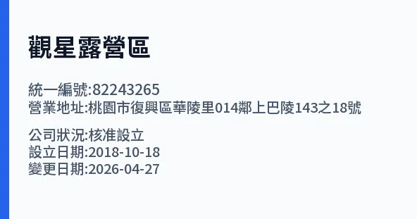 觀星露營區的照片-統編 82243265(桃園市) 公司登記資料與營業項目詳細圖表