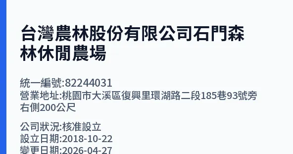 台灣農林股份有限公司石門森林休閒農場的照片-統編 82244031(桃園市) 公司登記資料與營業項目詳細圖表