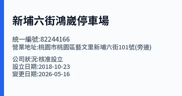 新埔六街鴻崴停車場的照片-統編 82244166(桃園市) 公司登記資料與營業項目詳細圖表