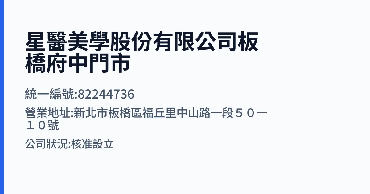 星醫美學股份有限公司板橋府中門市 - 統編 82244736（新北市） 公司登記資料與營業項目詳細圖表