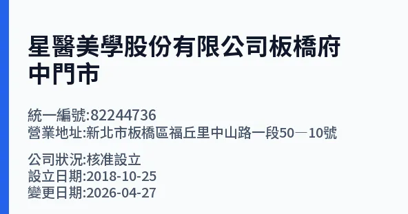 星醫美學股份有限公司板橋府中門市的照片-統編 82244736(新北市) 公司登記資料與營業項目詳細圖表