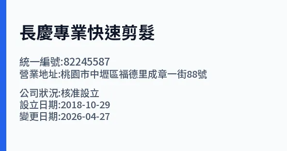 長慶專業快速剪髮的照片-統編 82245587(桃園市) 公司登記資料與營業項目詳細圖表