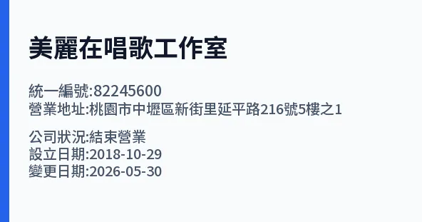 美麗在唱歌工作室的照片-統編 82245600(桃園市) 公司登記資料與營業項目詳細圖表