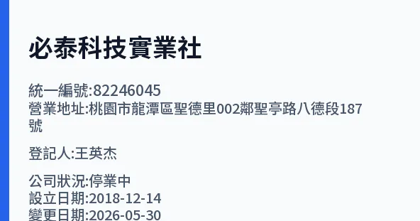必泰科技實業社的照片-統編 82246045(桃園市) 公司登記資料與營業項目詳細圖表