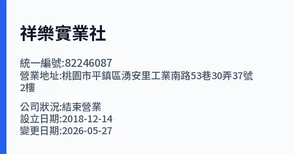 祥樂實業社的照片-統編 82246087(桃園市) 公司登記資料與營業項目詳細圖表