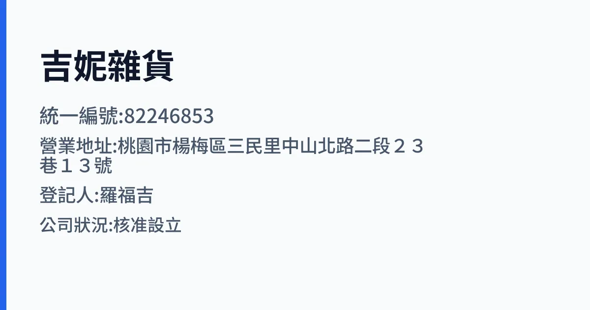 吉妮雜貨 - 統編 82246853(桃園市) 公司登記資料與營業項目詳細圖表