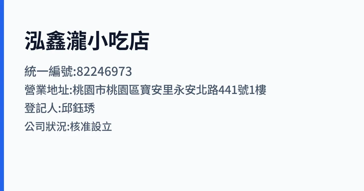 泓鑫瀧小吃店 - 統編 82246973(桃園市) 公司登記資料與營業項目詳細圖表