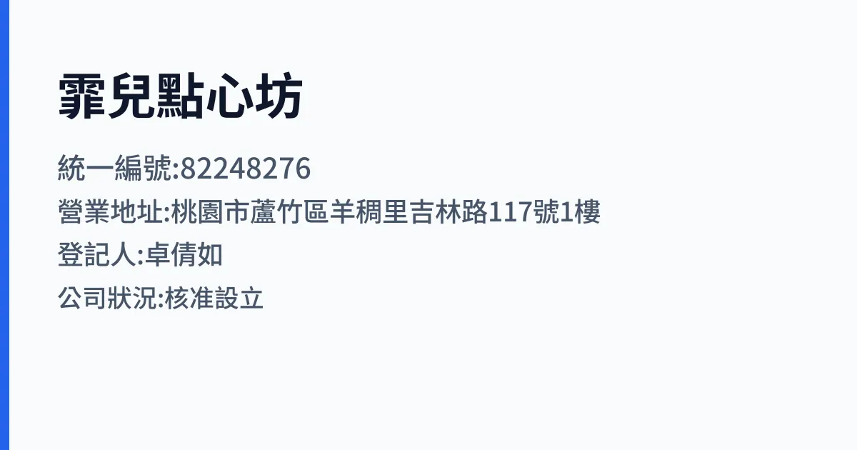 霏兒點心坊 - 統編 82248276(桃園市) 公司登記資料與營業項目詳細圖表