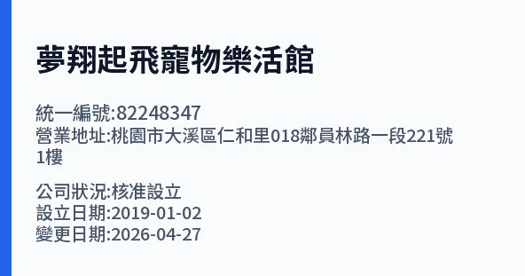 夢翔起飛寵物樂活館的照片-統編 82248347(桃園市) 公司登記資料與營業項目詳細圖表