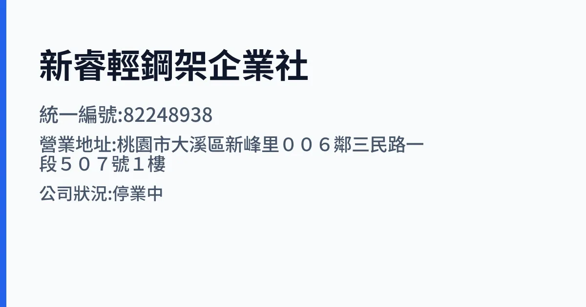 新睿輕鋼架企業社 - 統編 82248938(桃園市) 公司登記資料與營業項目詳細圖表