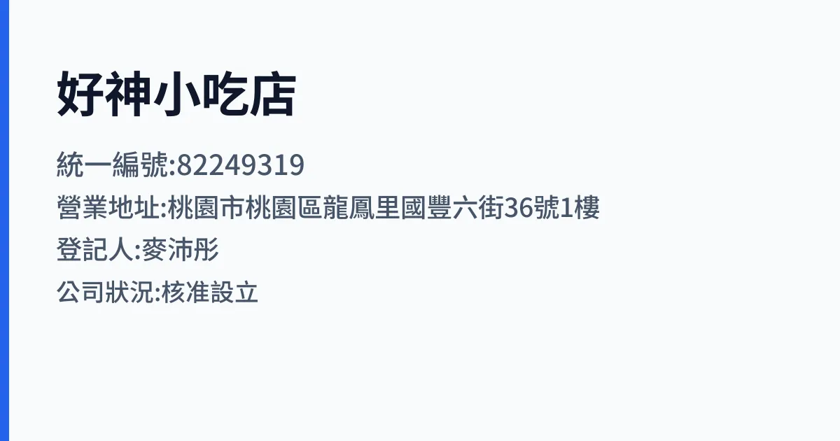 好神小吃店 - 統編 82249319(桃園市) 公司登記資料與營業項目詳細圖表