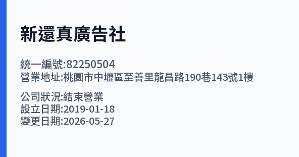新還真廣告社的照片-統編 82250504(桃園市) 公司登記資料與營業項目詳細圖表