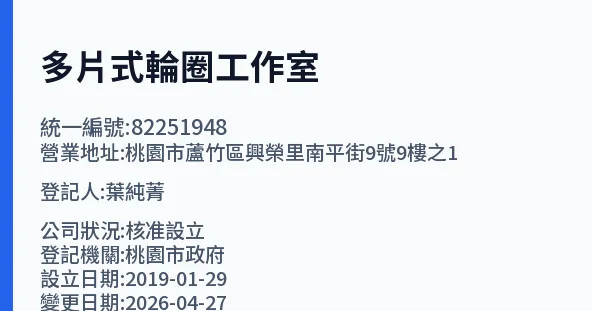 多片式輪圈工作室的照片-統編 82251948(桃園市) 公司登記資料與營業項目詳細圖表