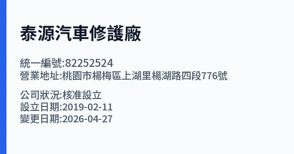 泰源汽車修護廠的照片-統編 82252524(桃園市) 公司登記資料與營業項目詳細圖表