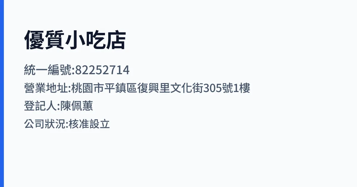 優質小吃店 - 統編 82252714(桃園市) 公司登記資料與營業項目詳細圖表