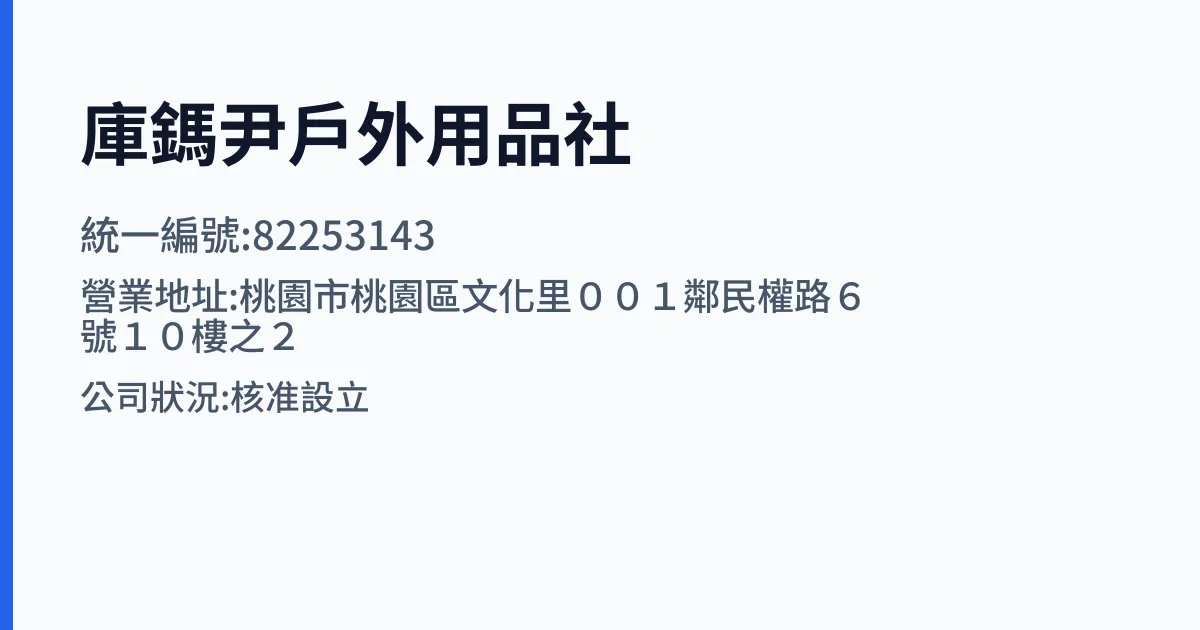 庫鎷尹戶外用品社 - 統編 82253143(桃園市) 公司登記資料與營業項目詳細圖表