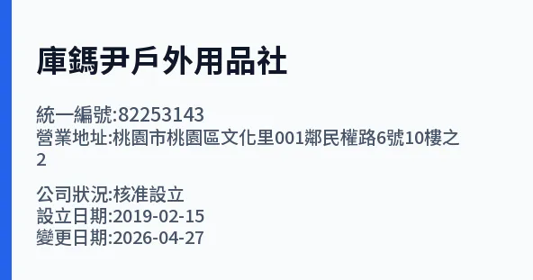 庫鎷尹戶外用品社的照片-統編 82253143(桃園市) 公司登記資料與營業項目詳細圖表