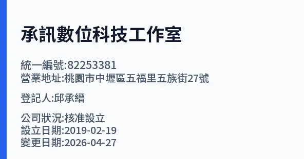 承訊數位科技工作室的照片-統編 82253381(桃園市) 公司登記資料與營業項目詳細圖表